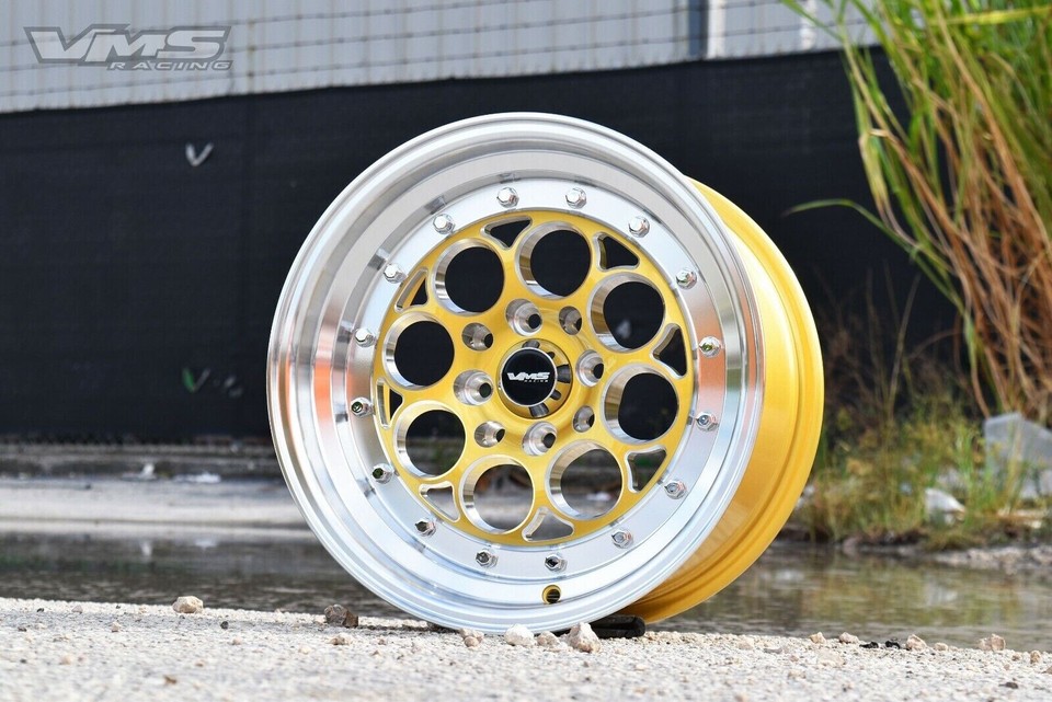 VMS Racing Gold Polished & Black Lip Revolver Wheels Pack 15x3.5 15x8 ...