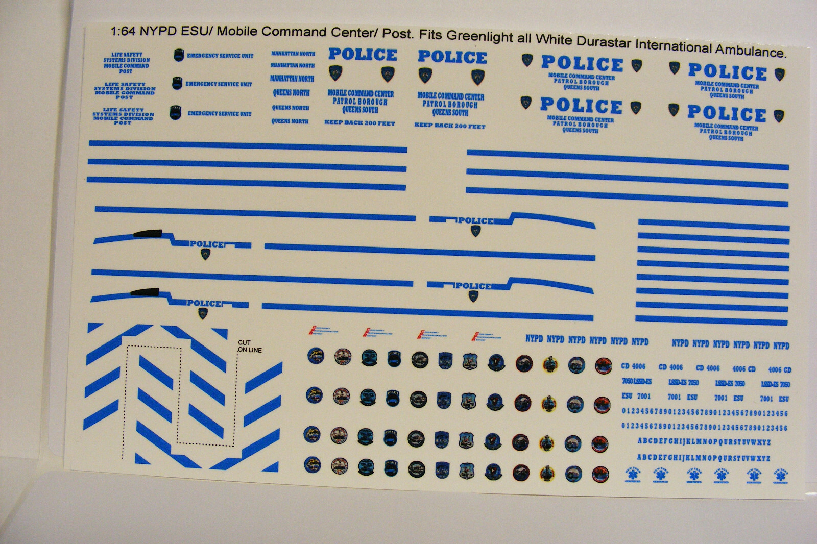 NYPD ESU Command Post 1:64 Water slide Decal set Fits GL Ambulances and ...