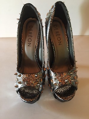 Dereon Womens High Heels Open Toe Black/Silver Metallic With Studs Size ...