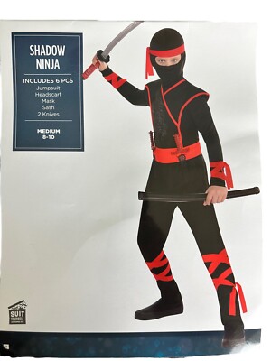 Shadow Ninja Kids 6-piece Halloween Costume Red Black Size Medium (8-10 ...