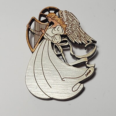 Aebly Hand Painted Wood Scroll Angel Harp Pin Brooch Vintage | eBay