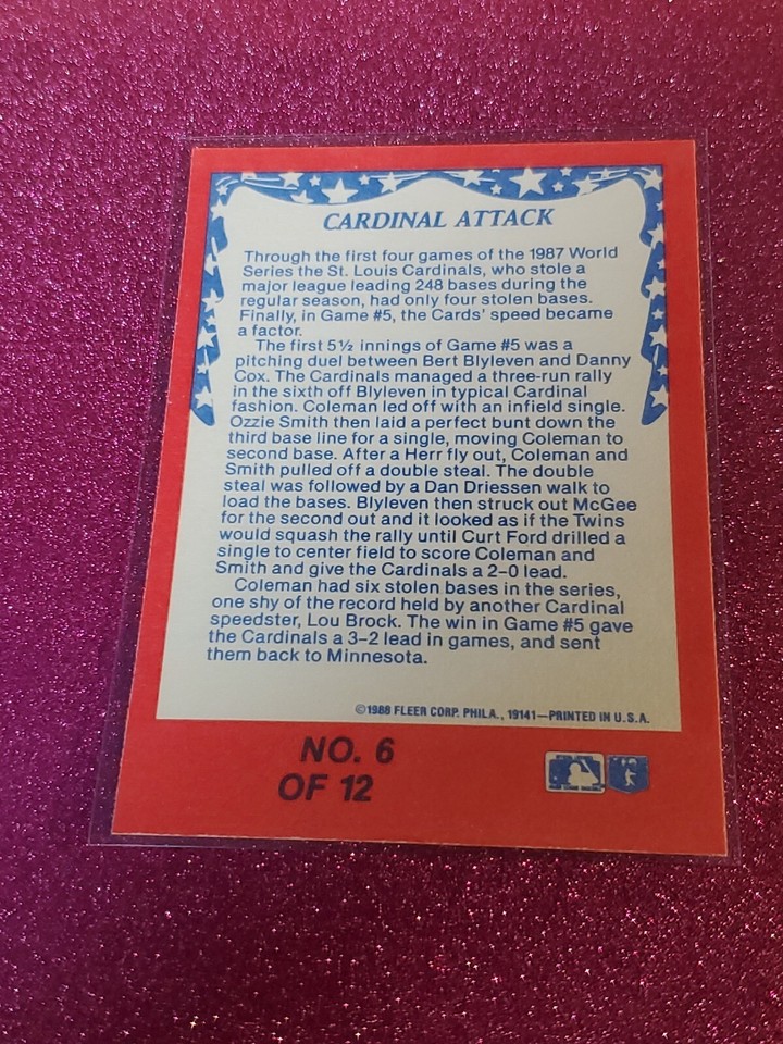 1988 Fleer World Series Cardinal Attack Disruptive Speed #6 St. Louis ...