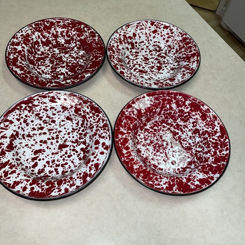 4 Rustic Red & White Enamel Splatterware Soup Bowls w/Varied Pattern ...