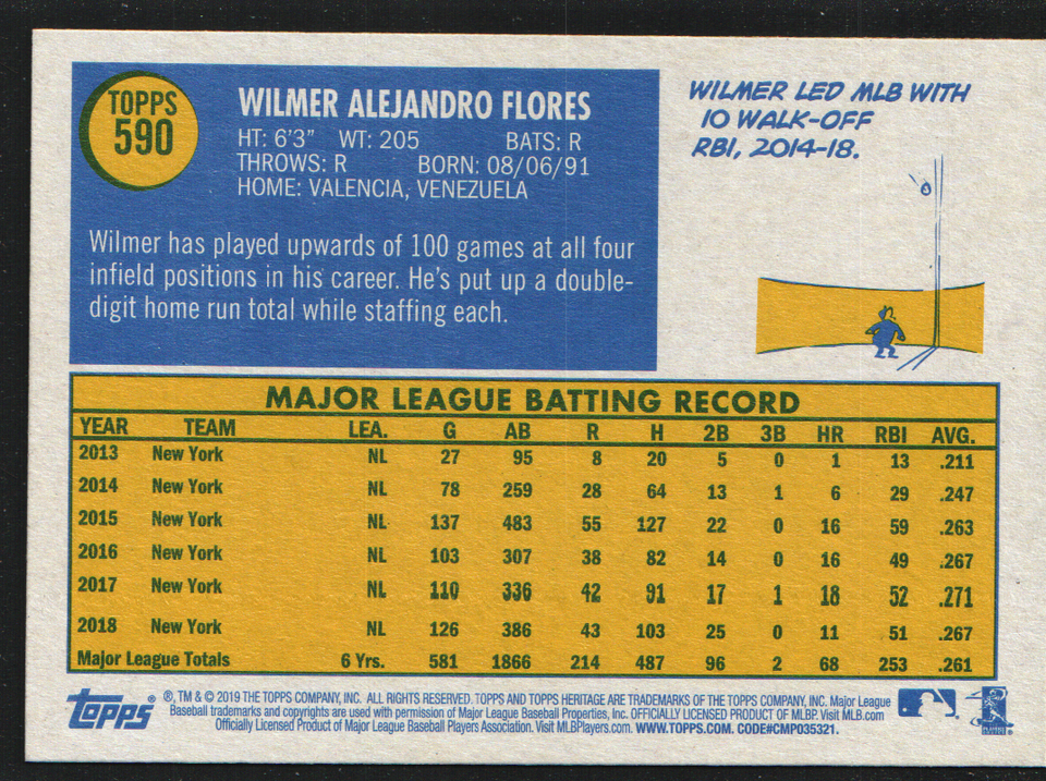 2019 Topps Heritage #590 - Wilmer Flores - Arizona Diamondbacks 19-212 ...