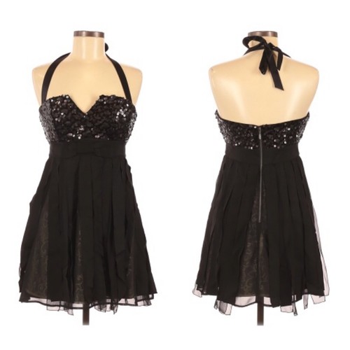 BEBE Sequin Halter LBD Cocktail CARWASH FRINGE Mini D… - Gem