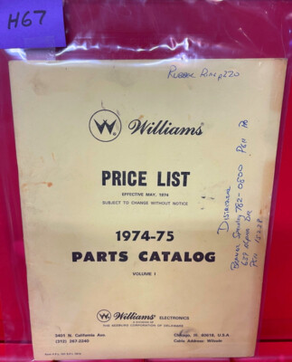 Williams Pinball 1974-1975 Price List ORIGINAL Parts Catalog Manual ...