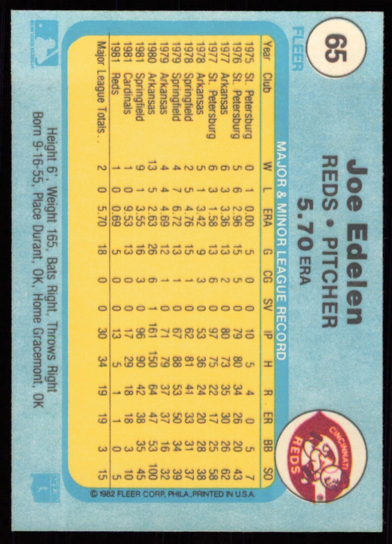 1982 Fleer Joe Edelen Rookie Cincinnati Reds #65 | eBay