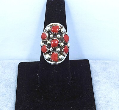 Bernice Bonney Navajo Mediterranean Coral Cluster Sterling Saddle Ring ...