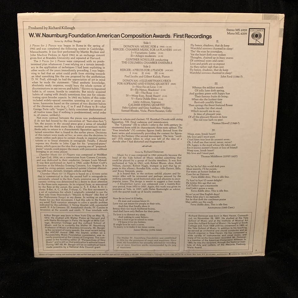 BERGER & DONOVAN - Chamber Music, etc - GUNTHER SCHULLER - COLUMBIA ...