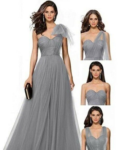 Sumintras Gray Shirred Bodice Convertible Tulle Column Prom Bridesmaid ...
