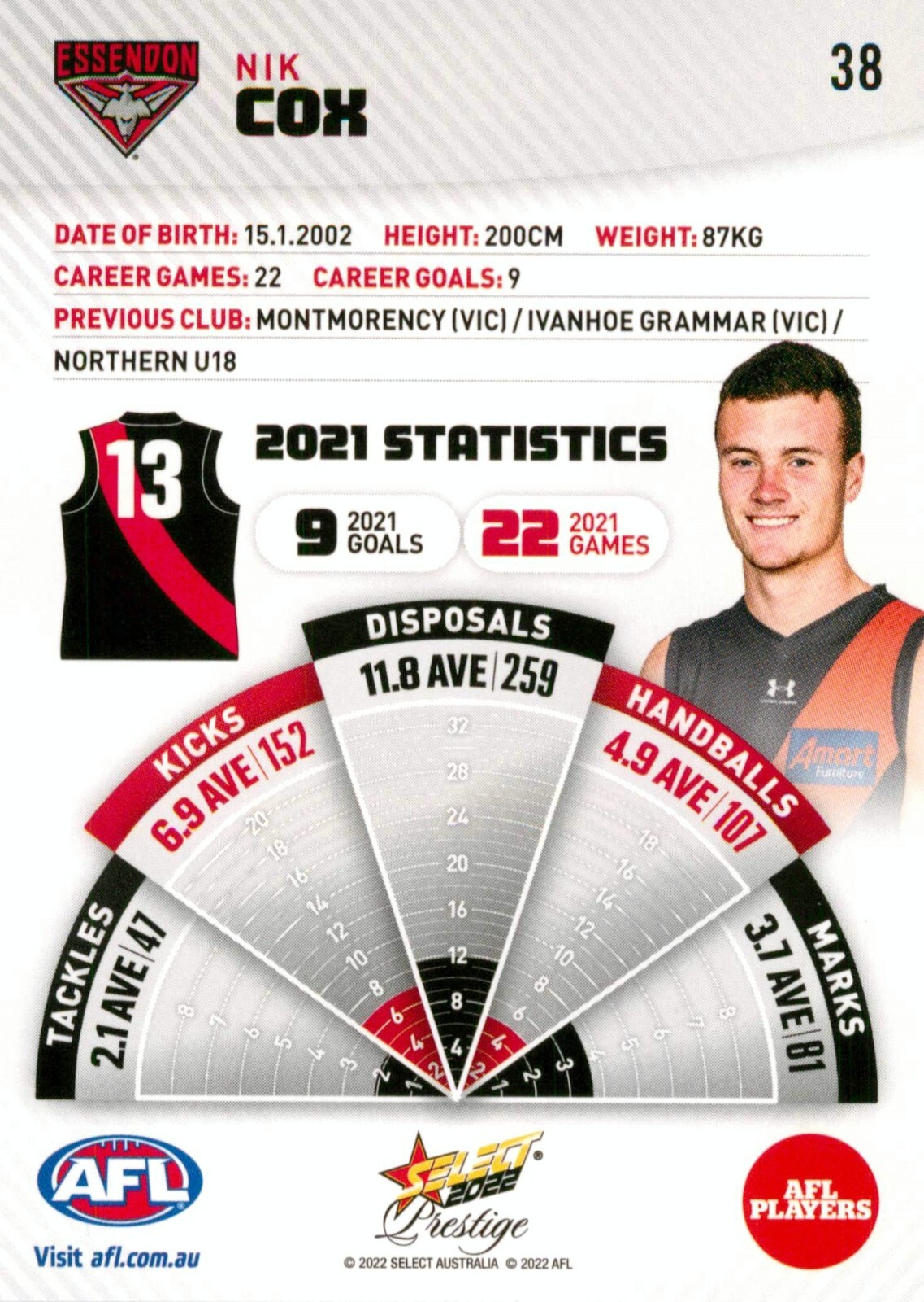 2022 ESSENDON BOMBERS AFL Card NIK COX Footy Stars Prestige | eBay ...