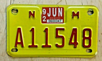 1992 NEW MEXICO MOTORCYCLE CYCLE LICENSE PLATE " A 11548 " NM 92 BIKE ...