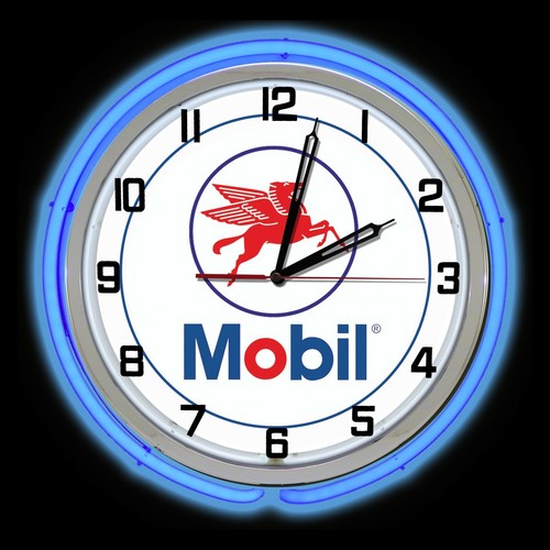 15" Mobil Gas and Oil Sign Double Blue Neon Clock Man Cave Garage Shop ...