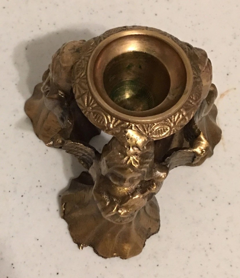 Cherub Brass Candle Holder Triple Winged Angel Musical Instrument 2.75 ...