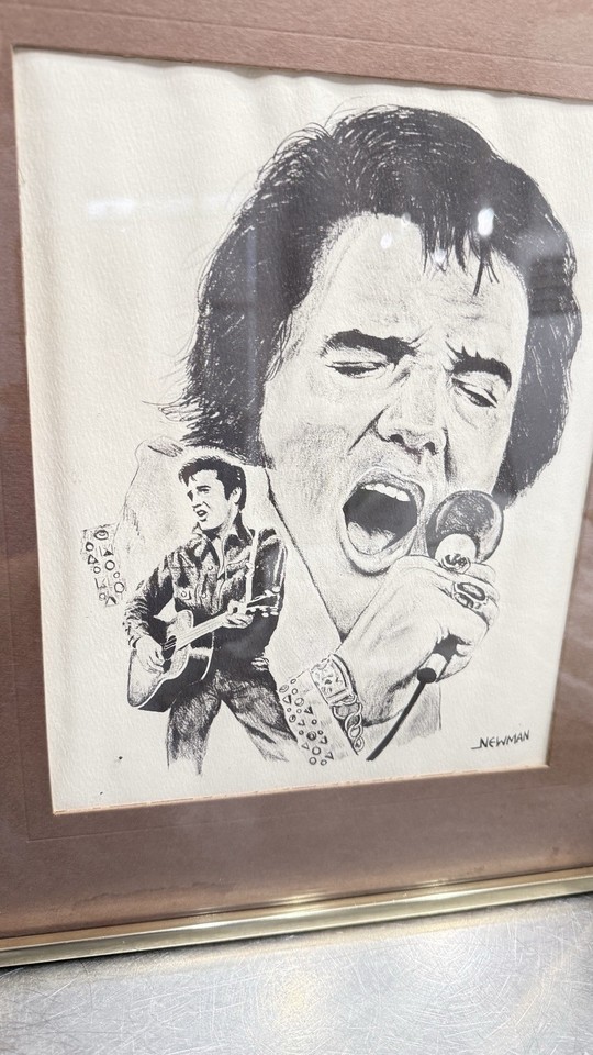 Vintage Elvis Pencil Drawing Print Mounted and Framed, Signed “Newman ...