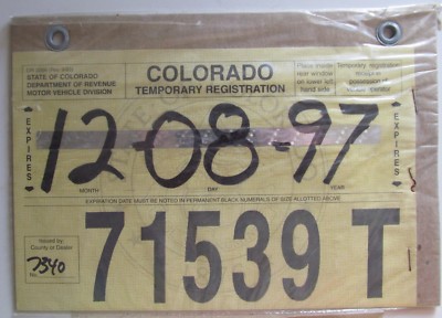 Colorado 1997 TEMPORARY REGISTRATION License Plate # 71539 T | eBay