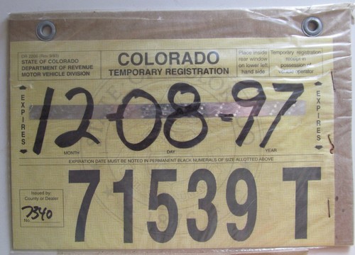 Colorado 1997 TEMPORARY REGISTRATION License Plate # 71539 T | eBay