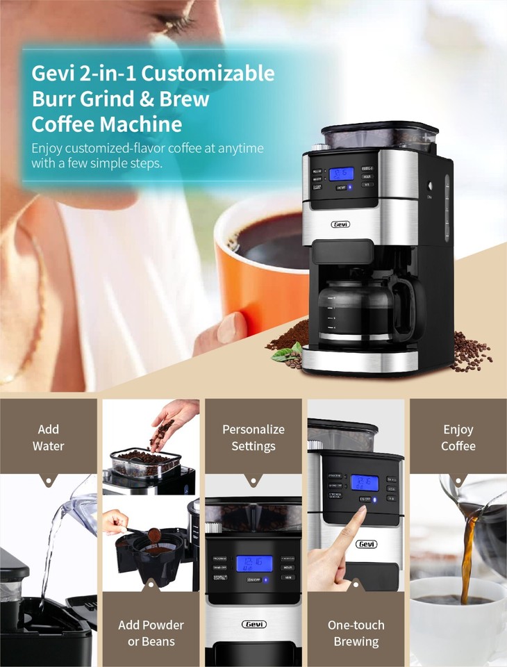 Gevi Programmable 10 Cup Grind and Brew Coffee Maker with Built In ...