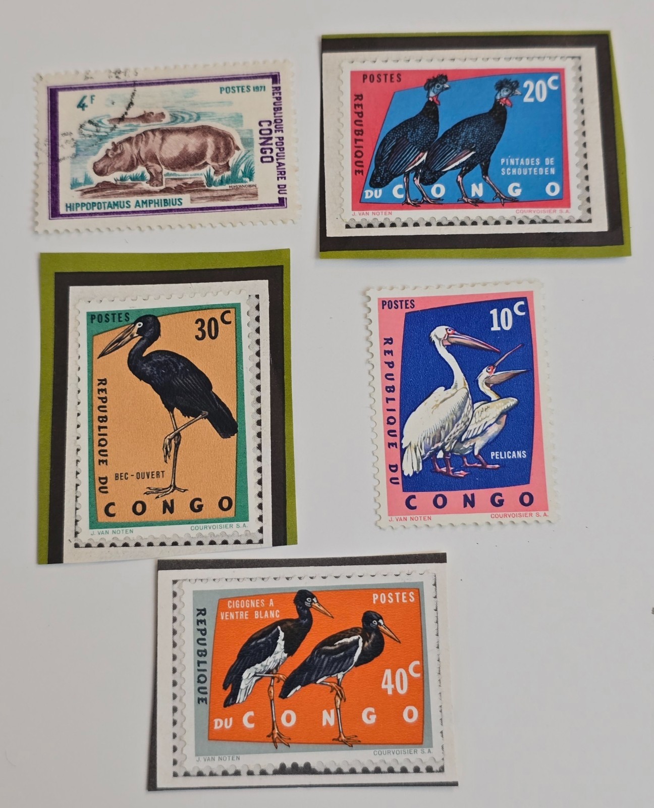 Congo Bird Stamps – 5 Used – Storks Pelicans Guinea Fowl + Hippo - A24 ...
