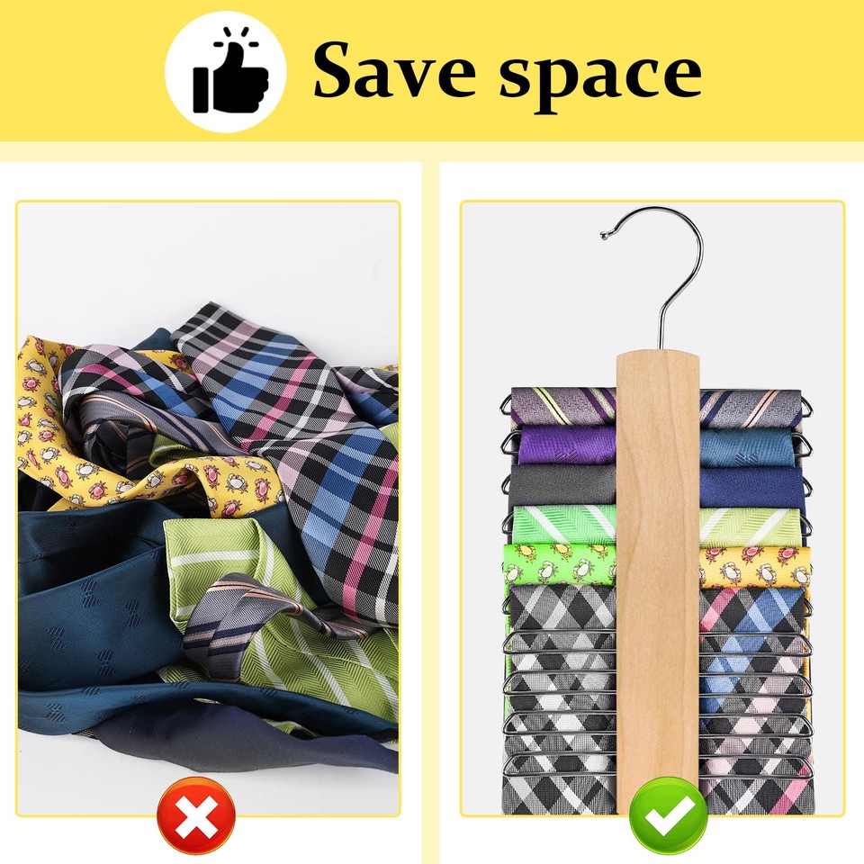 Wooden Tie Hanger, Hanging Tie Holder Tie Organizer for Closet Tie Rack ...