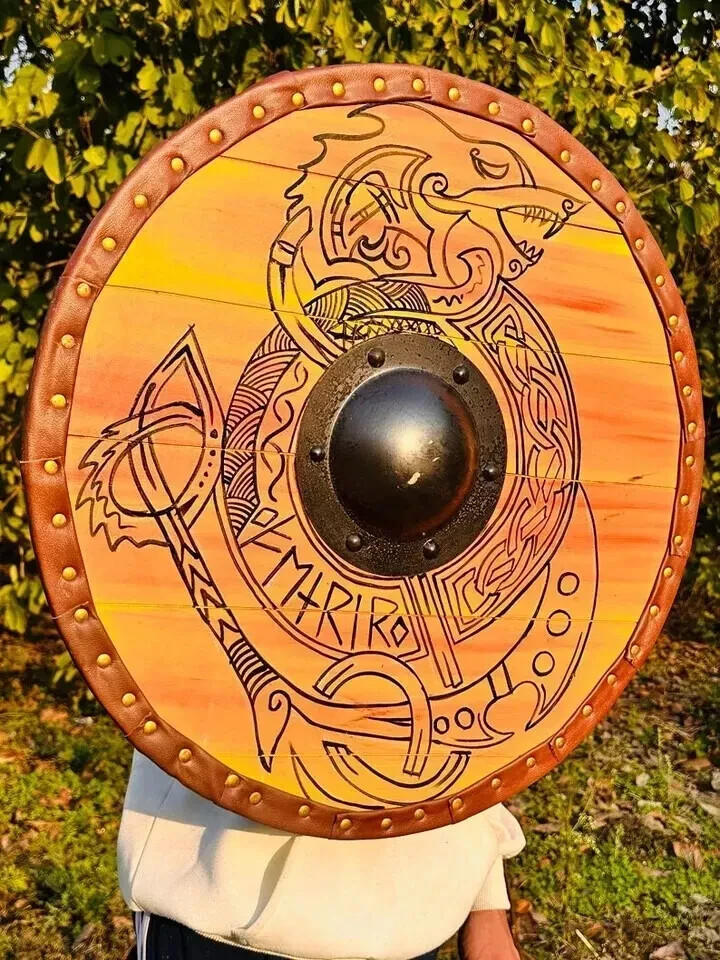 New Viking Style Shield 24" Medieval Wooden Carving Round Ornament ...
