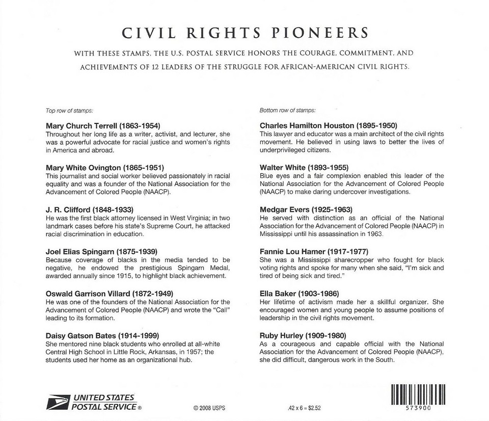 Scott 4384 - 42 Cent Civil Rights Pioneers Souvenir Sheet of 6 Stamps ...