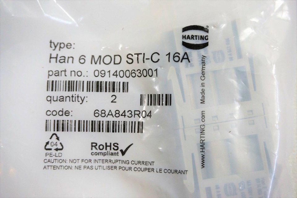(7,50 €/ Unit) 2x HARTING Han 6 Mod Sti-C 16A 09140063001 Male Insert ...
