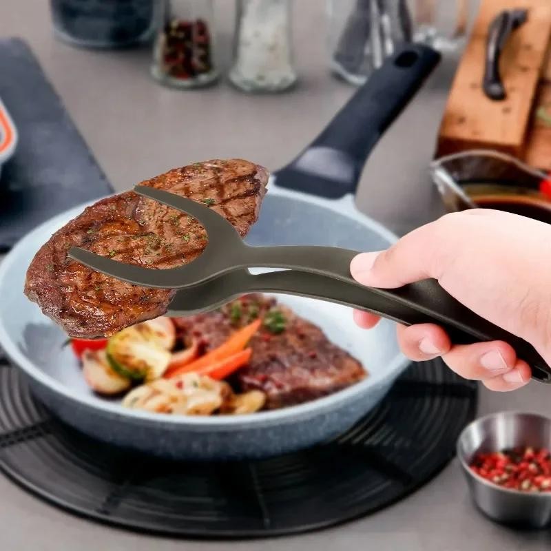 2-in-1 Kitchen Tongs Egg Spatula Steak Turner Nylon Grip Cooking Tool ...
