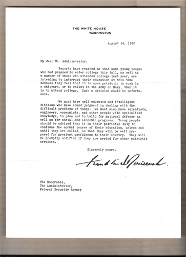 8-14-40 FDR Letter, Young People continuing education during start of ...