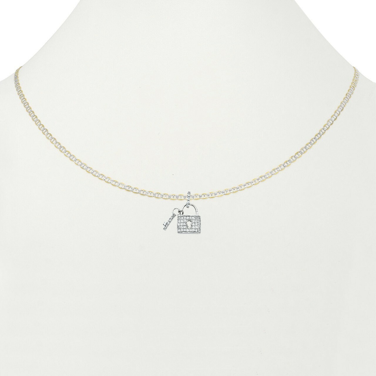 14k White Real Gold Lock Key Round Pave CZ Ladies SMALL Pendant Charm ...