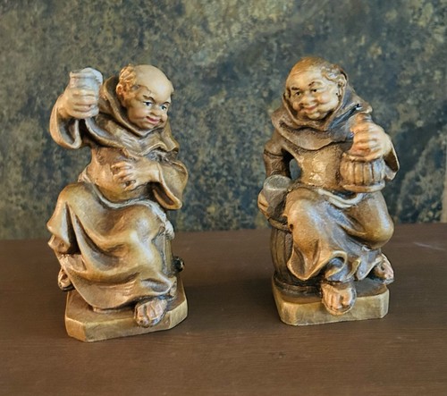 Hand-Carved Drinking Friar Figurines Folk Art 4" Set Of 2 Wood Monks ...