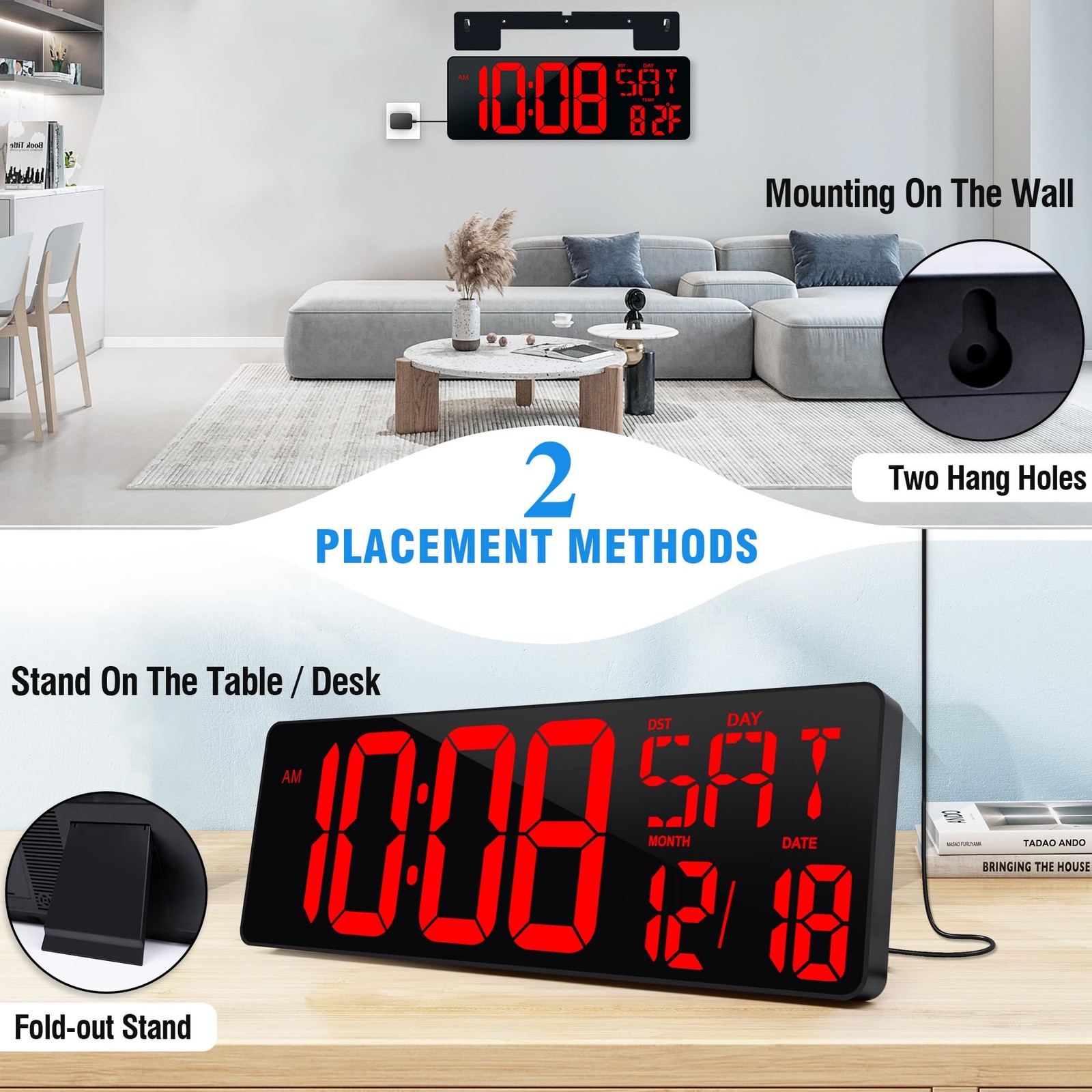 Large Digital Wall Clock（5.6'' Number）, 17.2" LED Wall Clock with Date ...