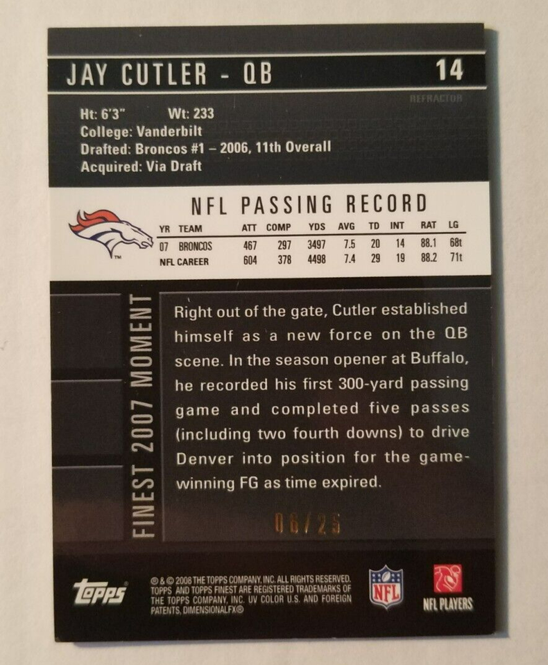 Jay Cutler 2008 Topps Finest Gold Refractor 06/25 Broncos #14 ...