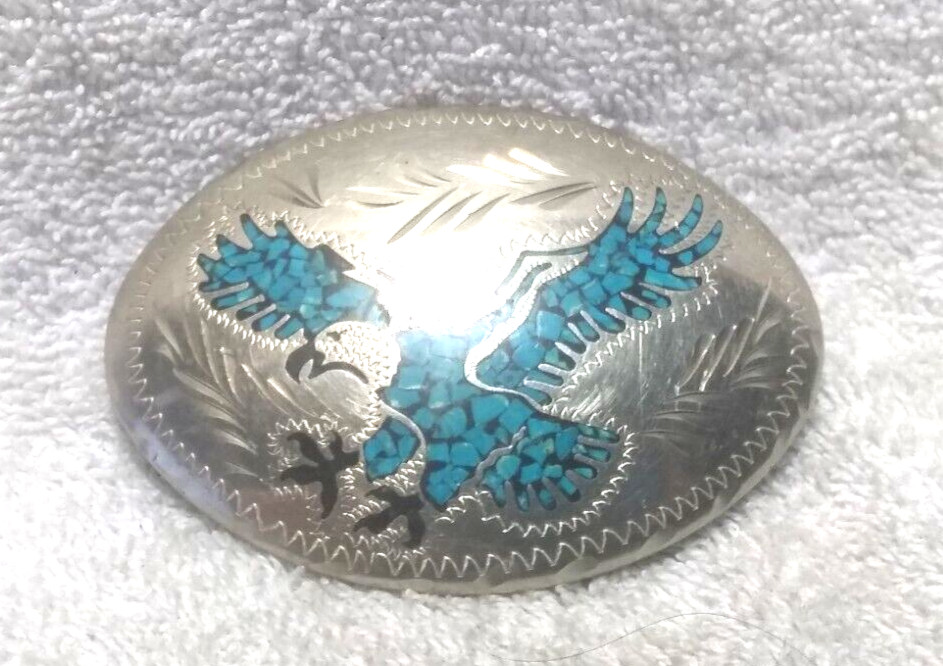 1980's Turquoise Silver Inlay Flying Eagle Hand Engra… - Gem