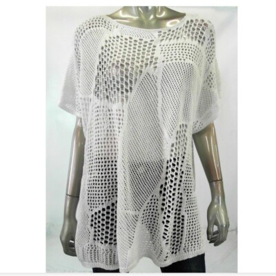 Jeanne Pierre Women Knit Top Blouse M White Boxy Cotton Crochet Tunic ...