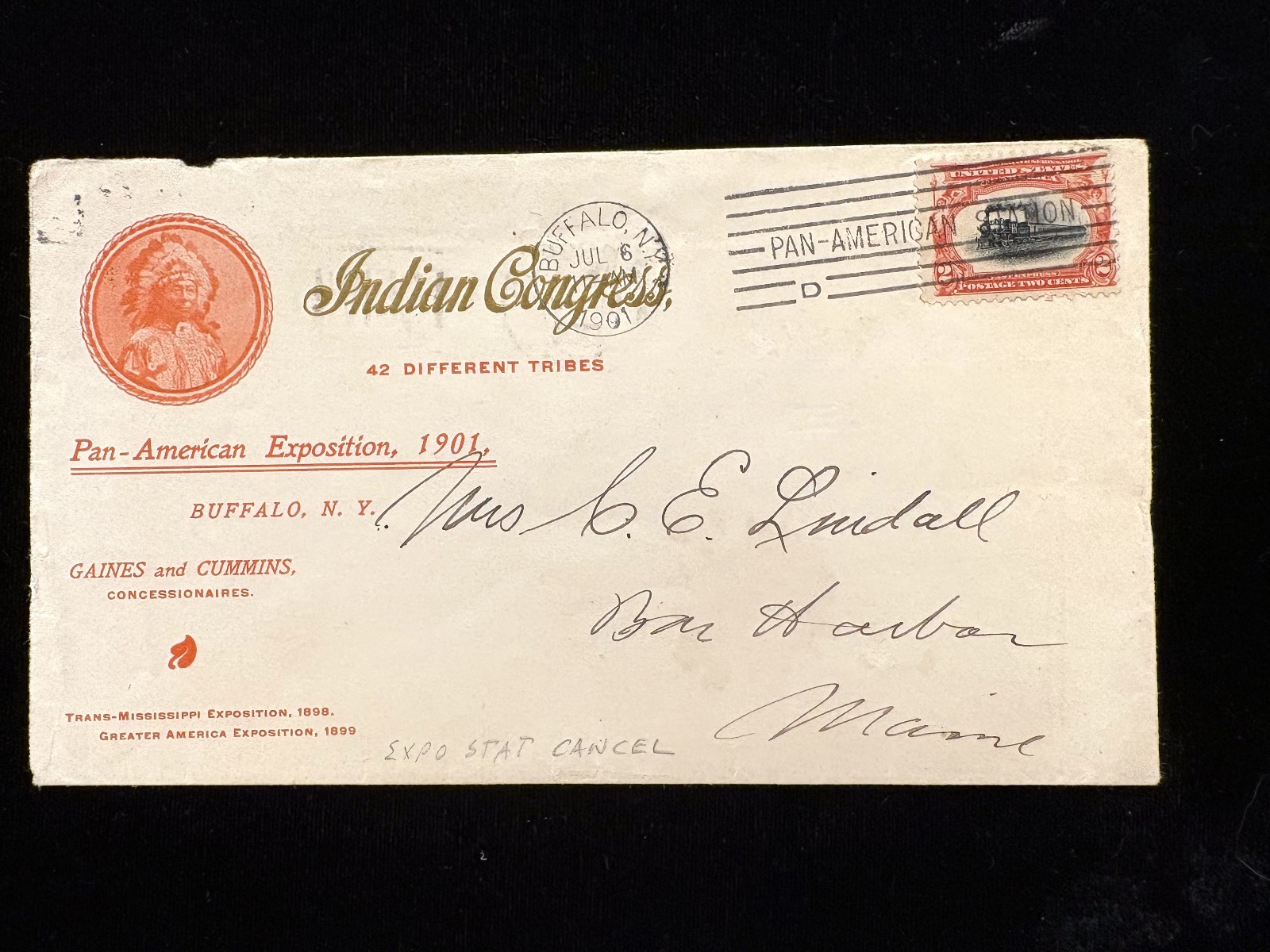 NY BUFFALO 1901 COVER #295 PAN AM EXPO STA. CANCEL, RARE ILLUS INDIAN ...