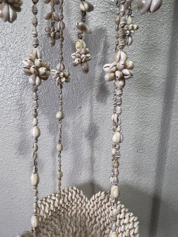 Vtg 35” Tiered Cowrie Puka Sea Shell Macrame Hanging2 Basket Planter ...
