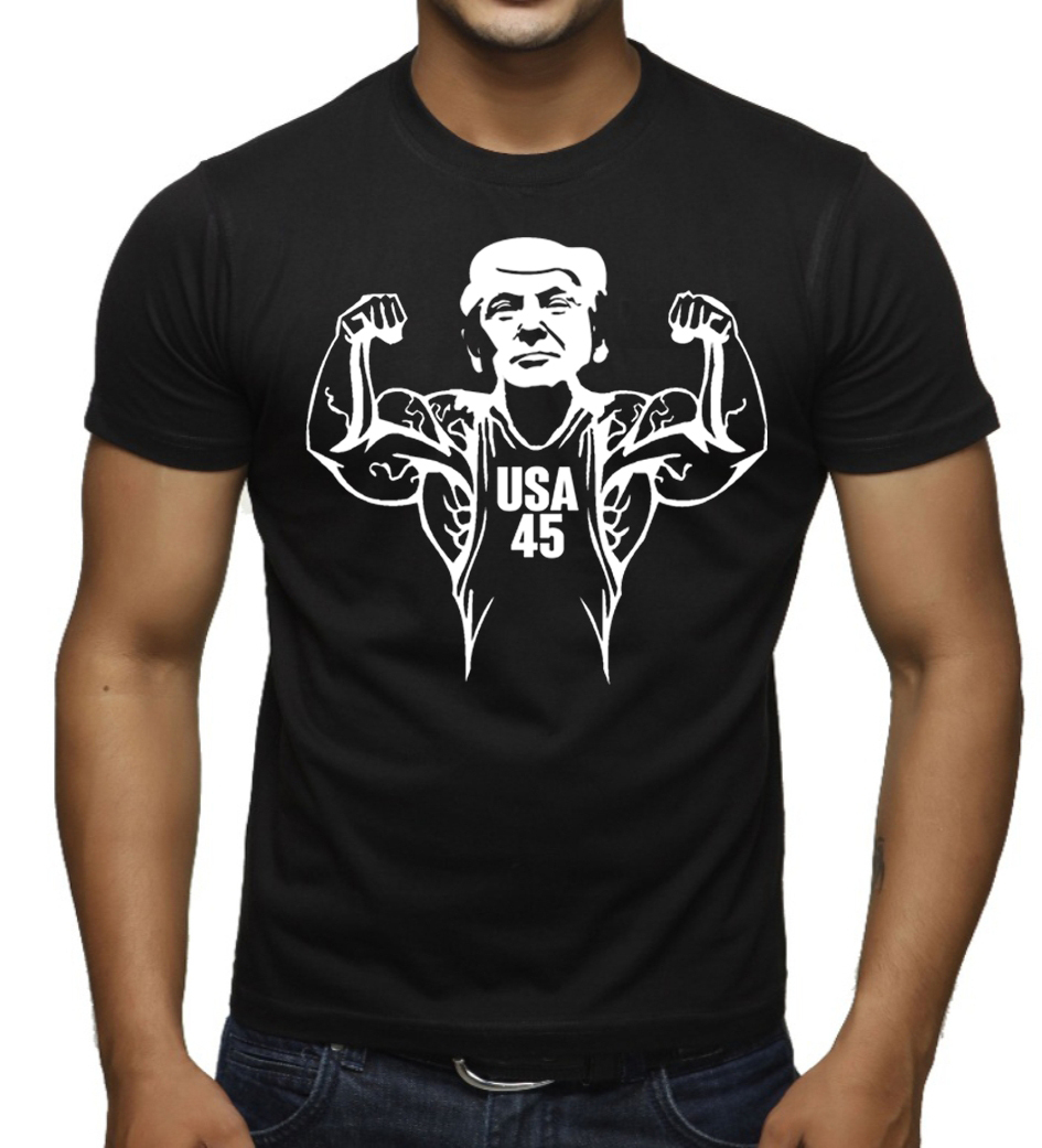 Men's Buff Trump Black T Shirt American President USA Champ Muscle Flex ...