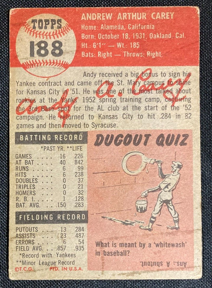 1953 Topps Baseball Card Andrew Carey RC #188 BV $100 CF | eBay