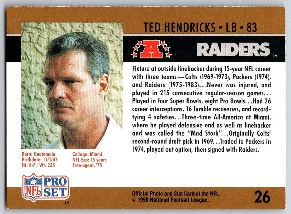 1990 Pro Set TED HENDRICKS #26 Los Angeles Raiders HOF Selection | eBay