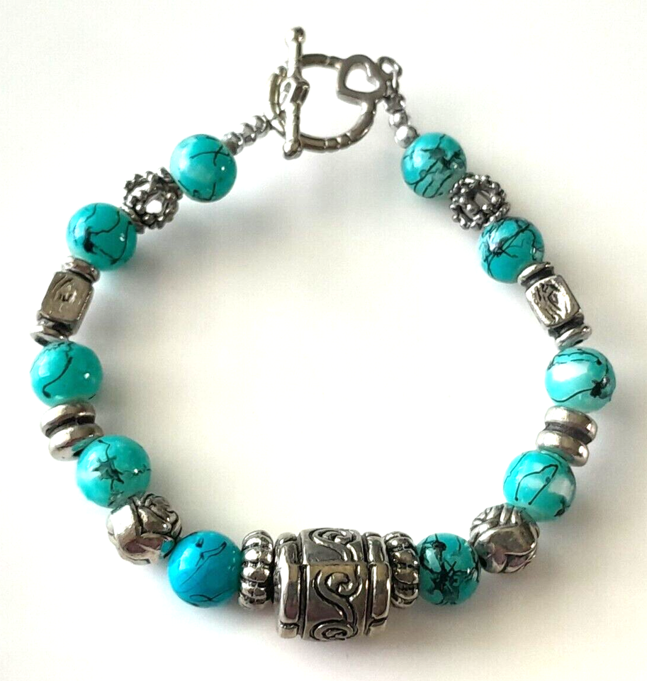 Silver Tone Fashion Bracelet Simulated Blue Turquoise & Metal Beads ...