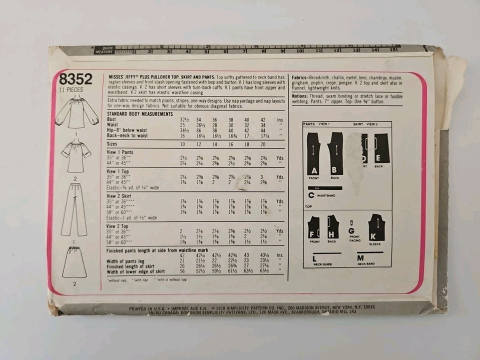 1978 Simplicity 8352 Misses' Peasant Blouse Top Skirt & Pants Size 10 ...