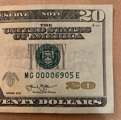 $20 2013 Series Low Run serial number MG 00006905 E, G7 District | eBay