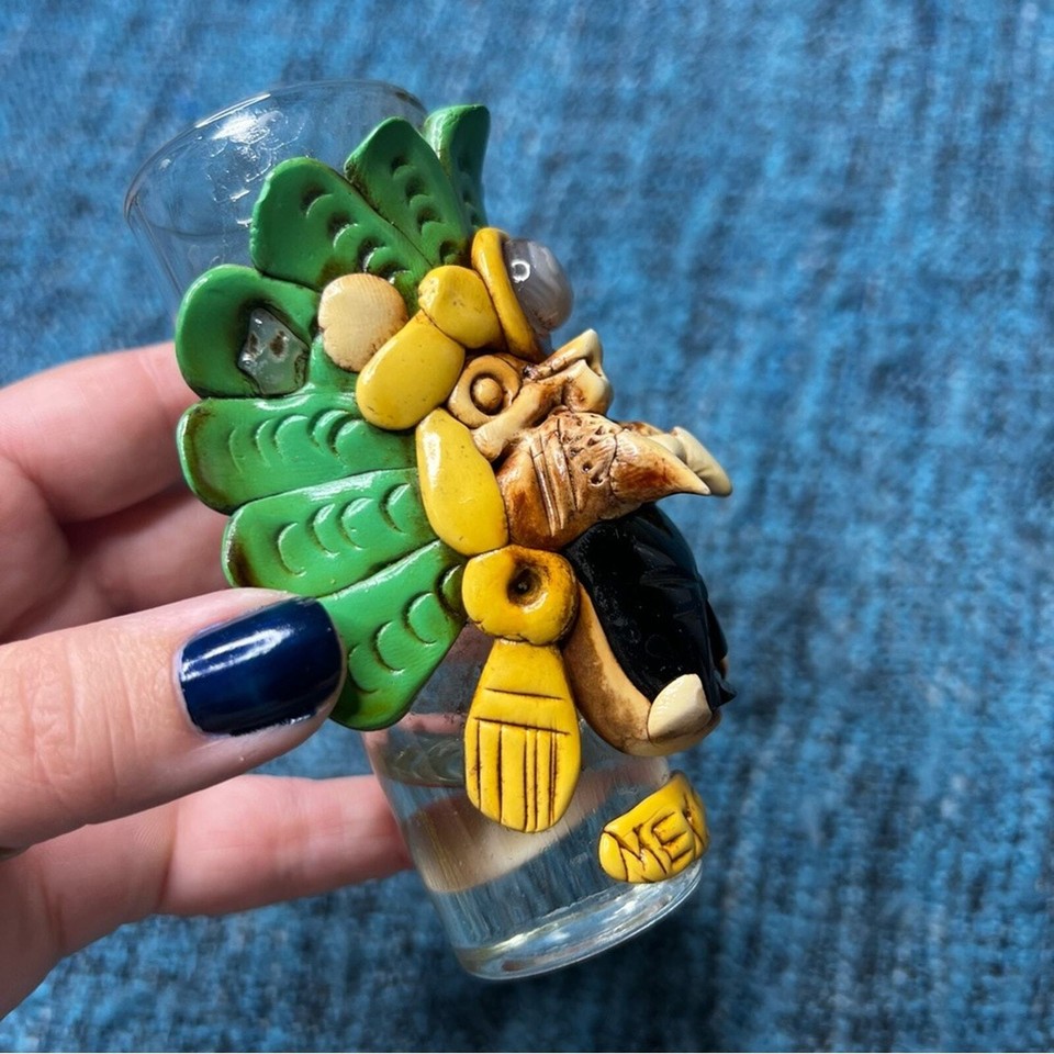 Mexico Souvenir Handcrafted Aztec Warrior Shot Glass Vintage Barware ...