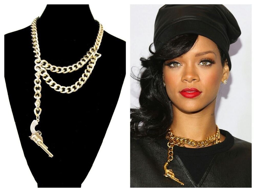 New Gangsta Silver Layered Chunky Link Chain Gun Pistol Necklace ...