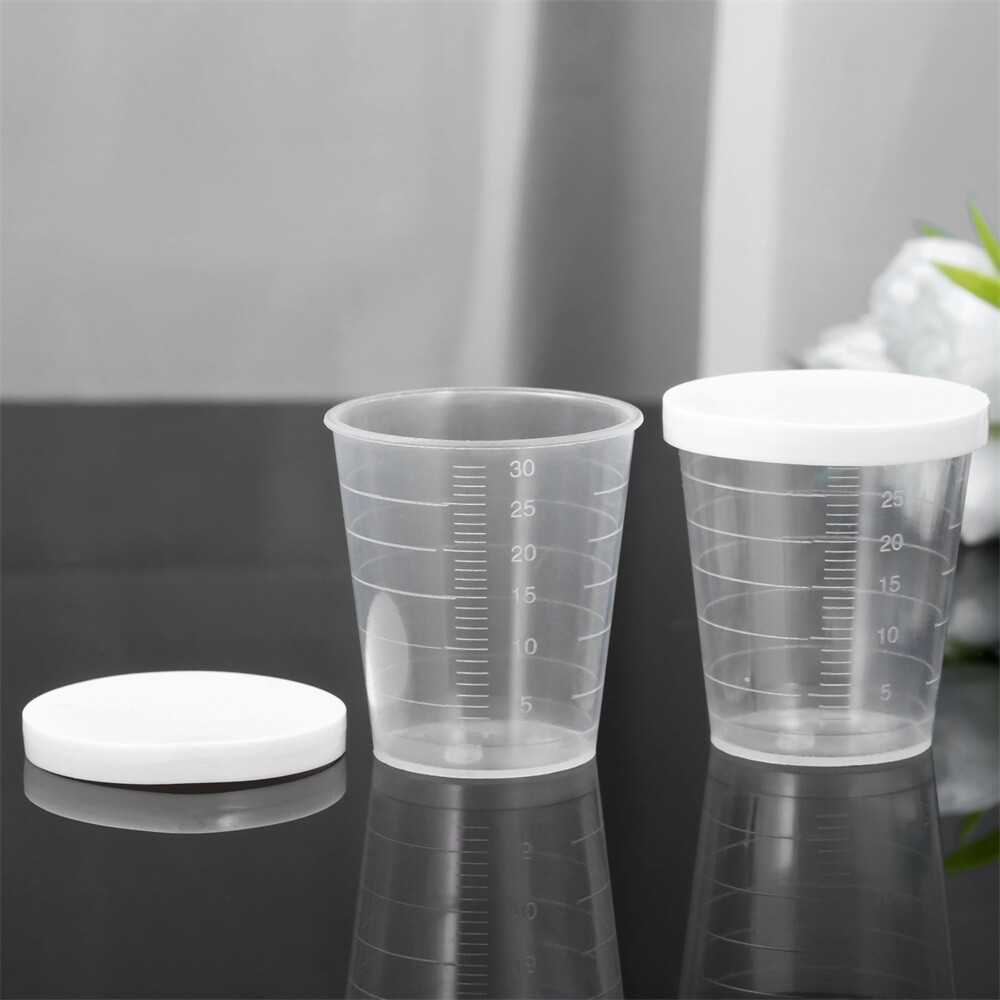 10Pcs 30ml Clear Plastic Lab Test Liquid Measuring Cup with Cap Sample ...