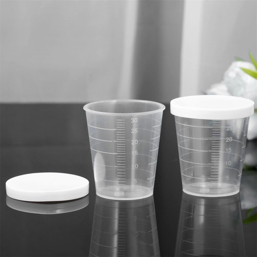 10Pcs 30ml Clear Plastic Lab Test Liquid Measuring Cup with Cap Sample ...