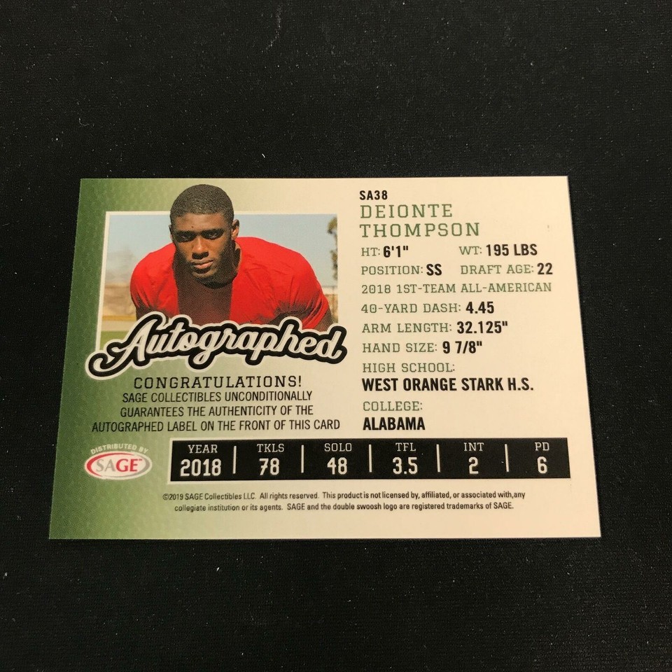 2019 Sage Autographed DEIONTE THOMPSON RC Auto SA38 Arizona Cardinals ...