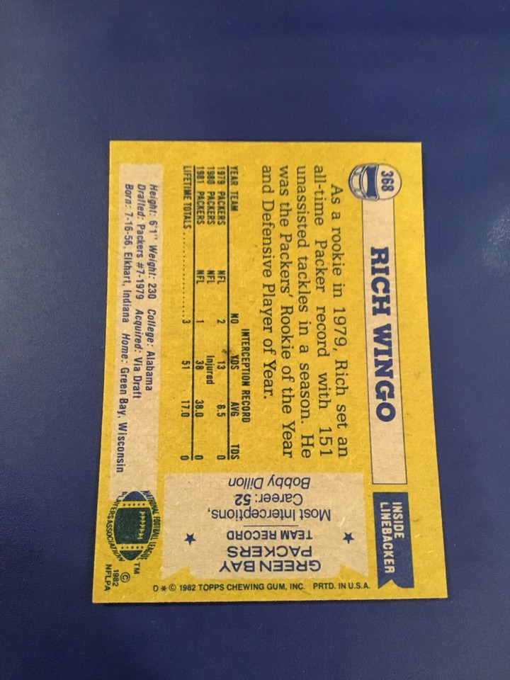 1982 Topps # 368 RICH WINGO Rookie Green Bay Packers Great Card ! | eBay