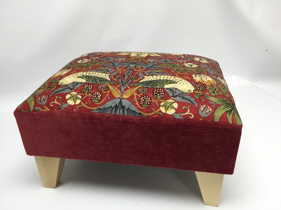 Footstool Pouffe Stool Genuine William Morris Red Strawberry thief UK ...